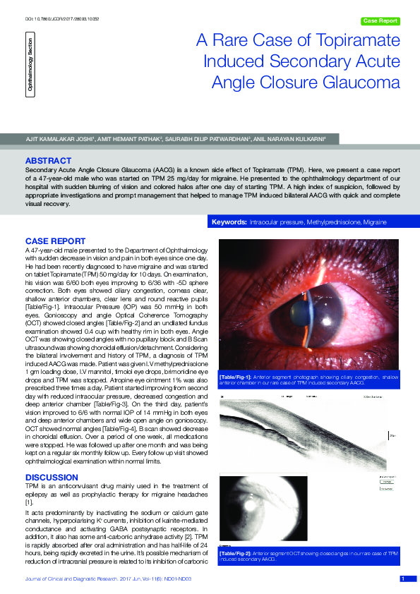 (PDF) A Rare Case of Topiramate Induced Secondary Acute Angle Closure Glaucoma | Ajit Joshi ...
