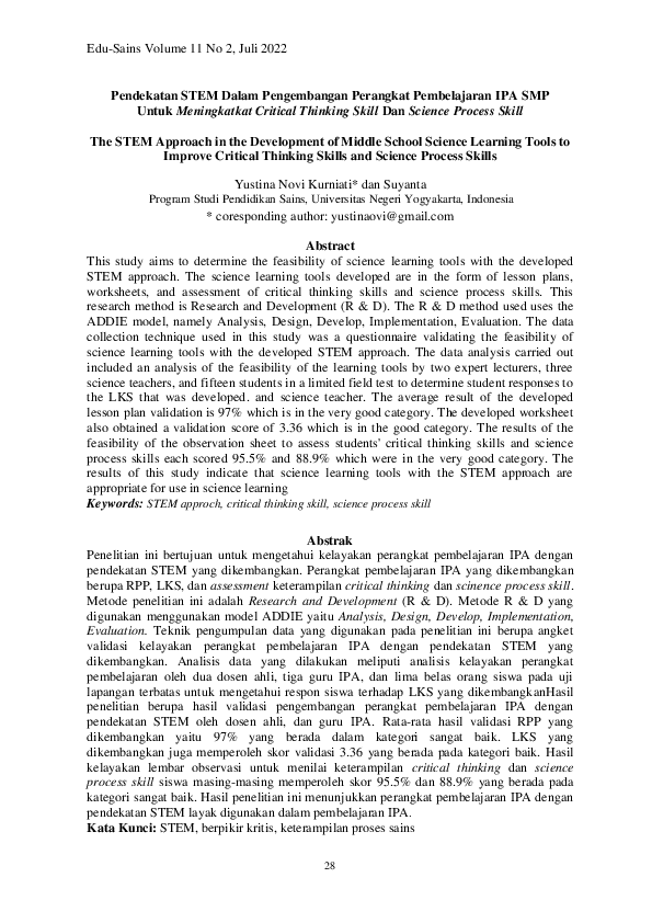 (PDF) Pendekatan STEM Dalam Pengembangan Perangkat Pembelajaran IPA SMP Untuk Meningkatkat ...