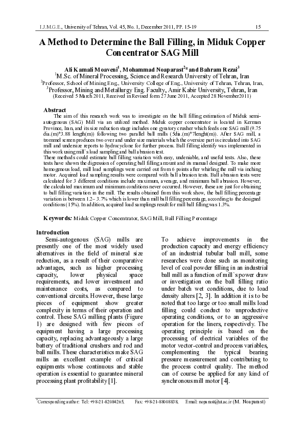 (PDF) A Method to Determine the Ball Filling, in Miduk Copper Concentrator SAG Mill