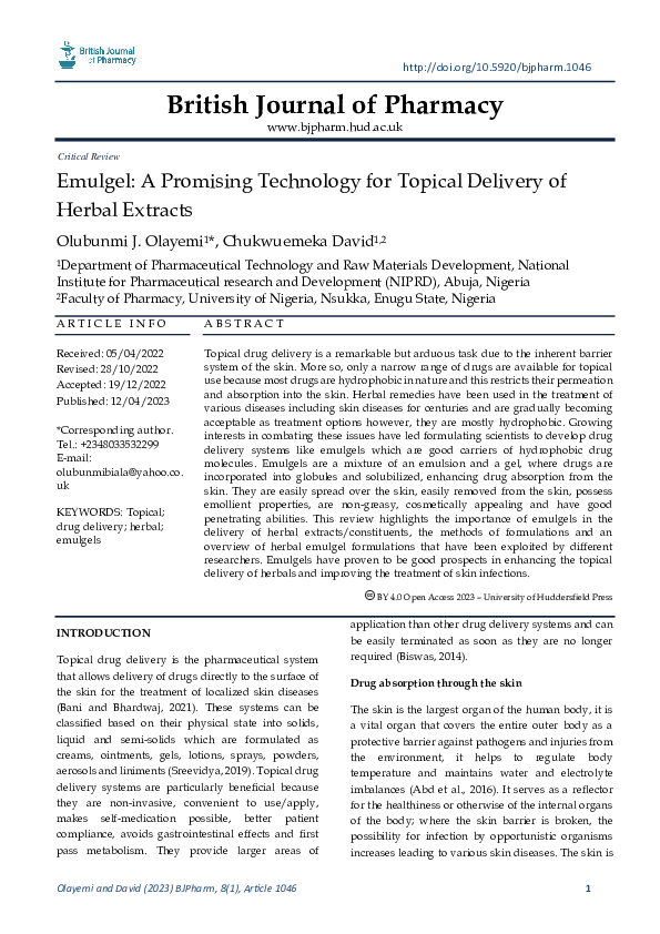 (PDF) Emulgel: A Promising Technology for Topical Delivery of Herbal ...