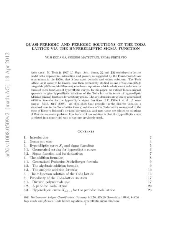 (PDF) Quasi-periodic and periodic solutions of the Toda lattice via the ...