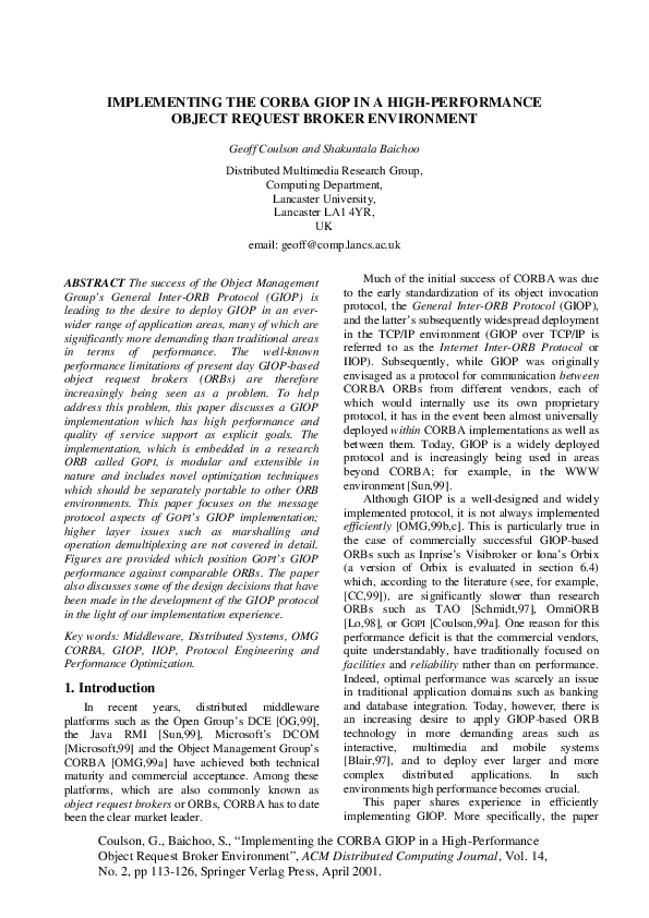 Pdf Implementing The Corba Giop In A High Performance Object Request Broker Environment