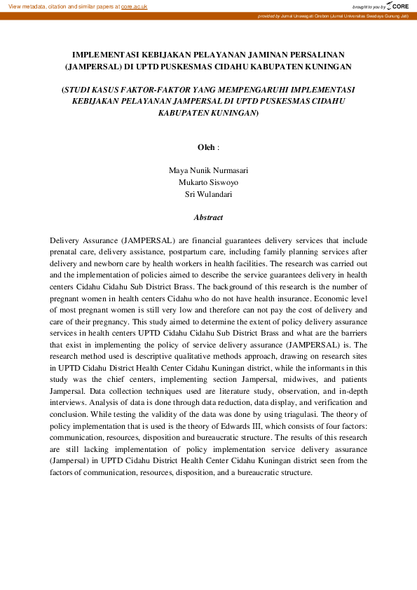 (PDF) Implementasi Kebijakan Pelayanan Jaminan Persalinan (Jampersal ...