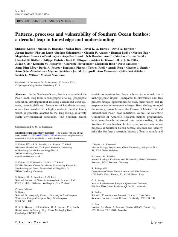 (PDF) Patterns, processes and vulnerability of Southern Ocean benthos: a decadal leap in ...