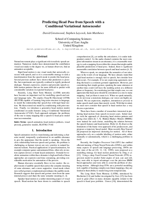 Pdf Predicting Head Pose From Speech With A Conditional Variational Autoencoder Stephen