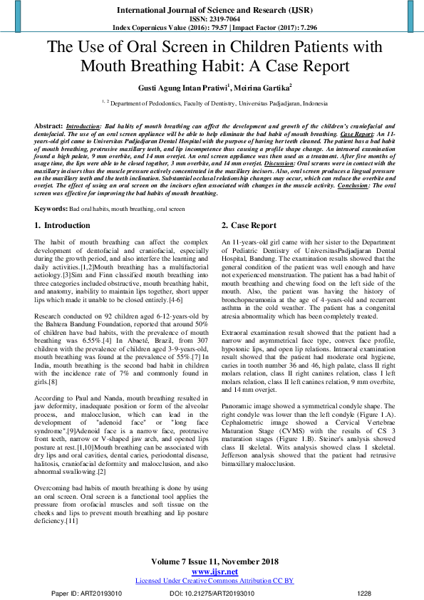 (PDF) The Use of Oral Screen in Children Patients with Mouth Breathing ...