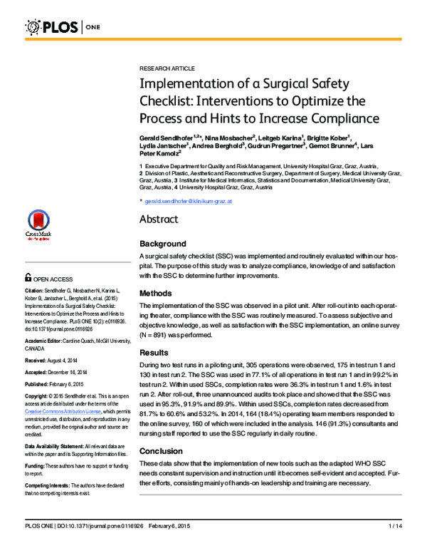 (PDF) Implementation of a surgical safety checklist: impact on surgical ...