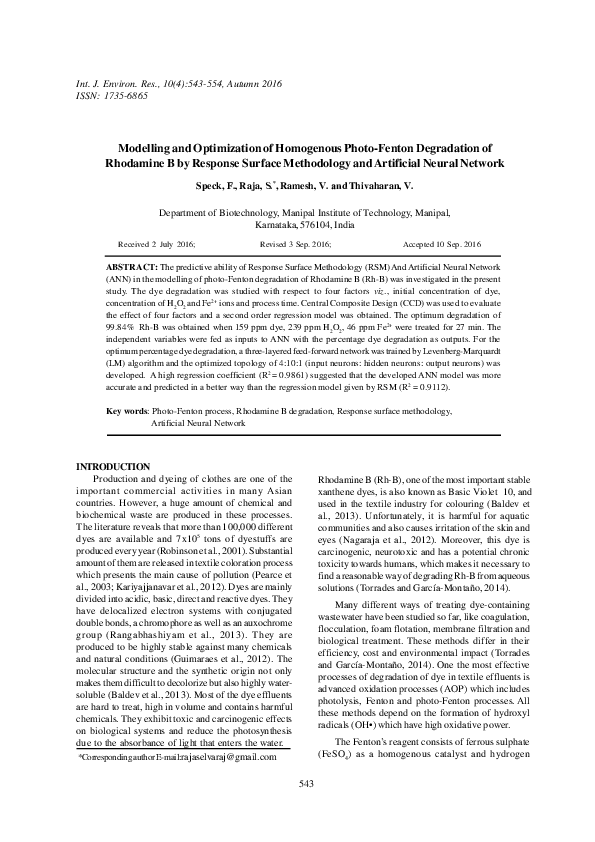 (PDF) Modelling and Optimization of Homogenous Photo-Fenton Degradation of Rhodamine B by ...