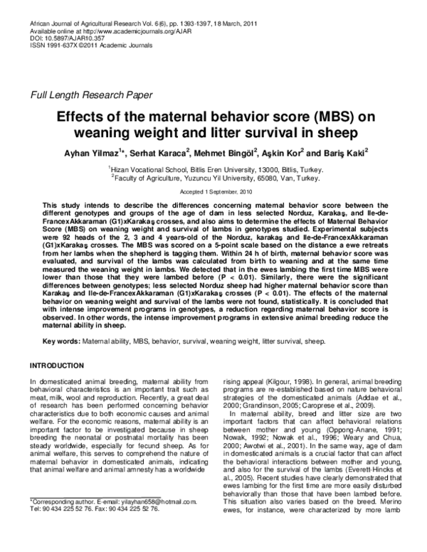(PDF) Effects of the maternal behavior score (MBS) on weaning weight ...