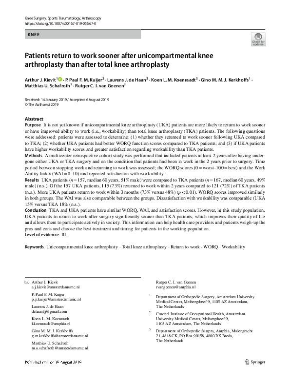 (PDF) Patients return to work sooner after unicompartmental knee arthroplasty than after total ...