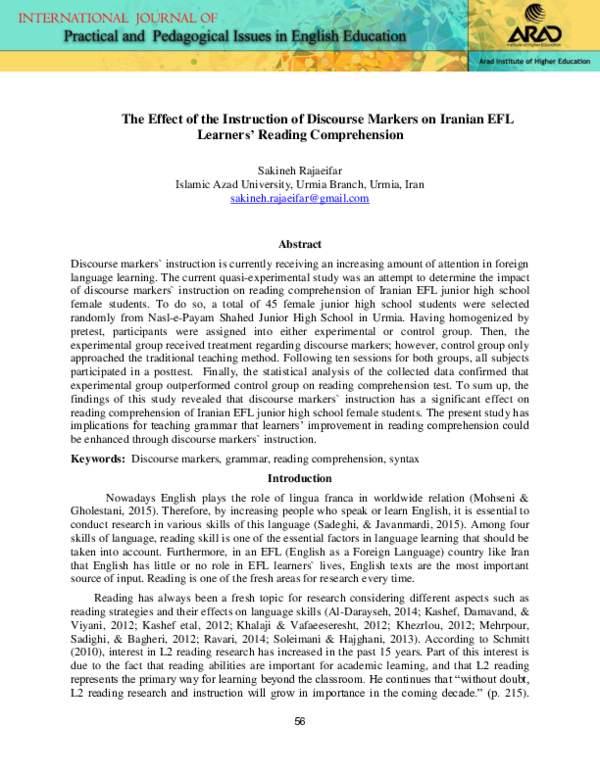 (PDF) The Effect of the Instruction of Discourse Markers on Iranian EFL Learners' Reading ...