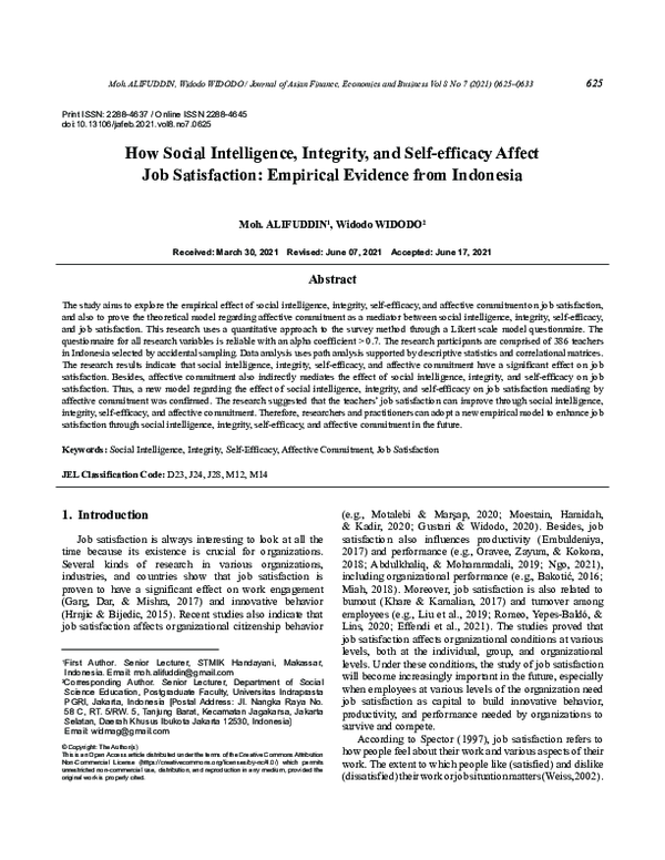 (PDF) How Social Intelligence, Integrity, and Self-efficacy Affect Job Satisfaction: Empirical ...