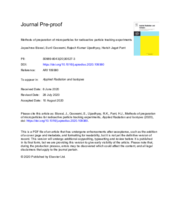 Pdf Methods Of Preparation Of Microparticles For Radioactive Particle Tracking Experiments