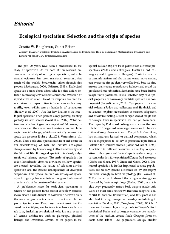 (PDF) Ecological speciation: Selection and the origin of species