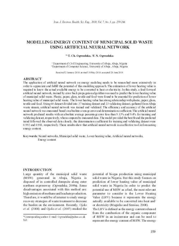 (PDF) Modelling energy content of municipal solid waste using artificial neural network