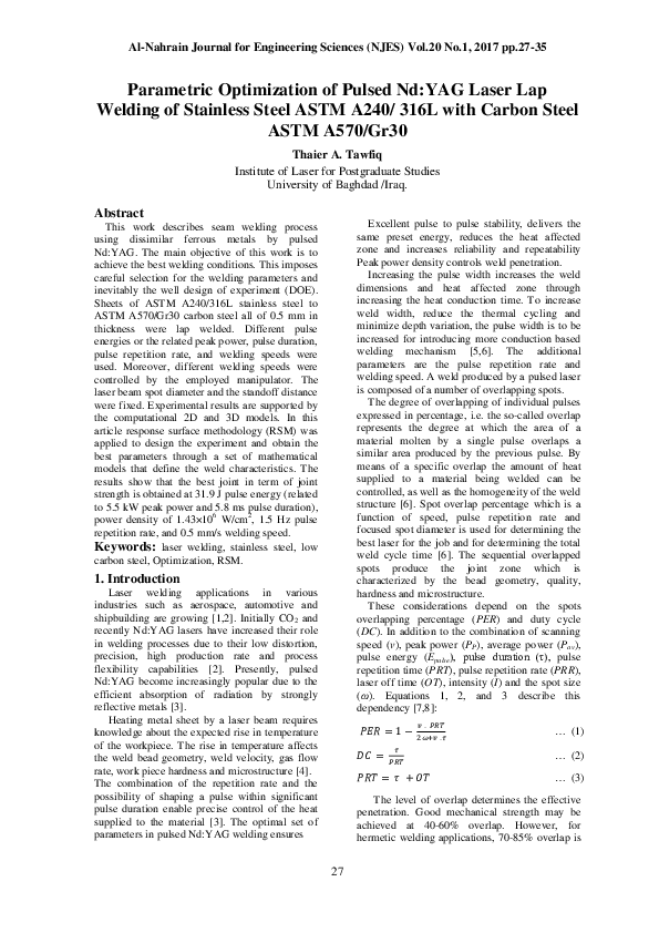 (PDF) Parametric Optimization of Pulsed Nd:YAG Laser Lap Welding of Stainless Steel ASTM A240 ...