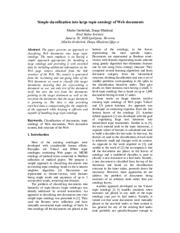 (PDF) Simple Classification into Large Topic Ontology of Web Documents | Dunja Mladenic ...