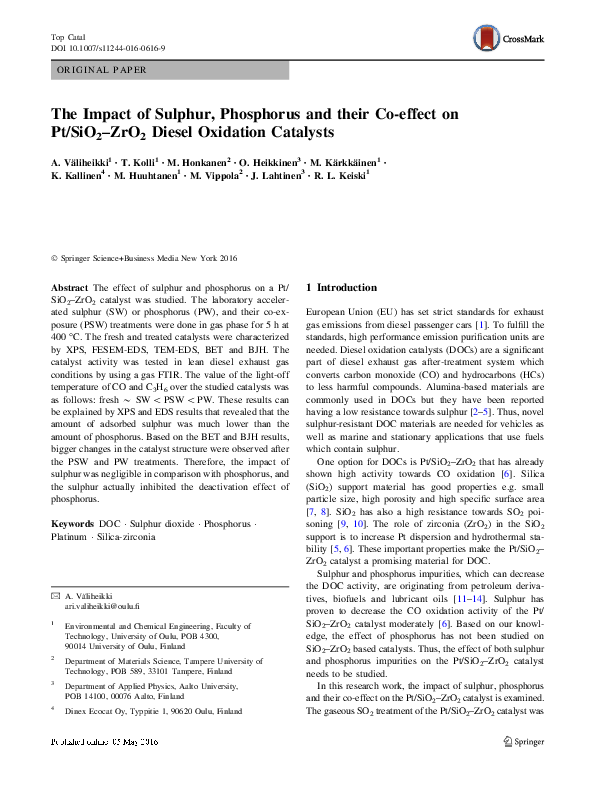 (PDF) The Impact of Sulphur, Phosphorus and their Co-effect on Pt/SiO2–ZrO2 Diesel Oxidation ...