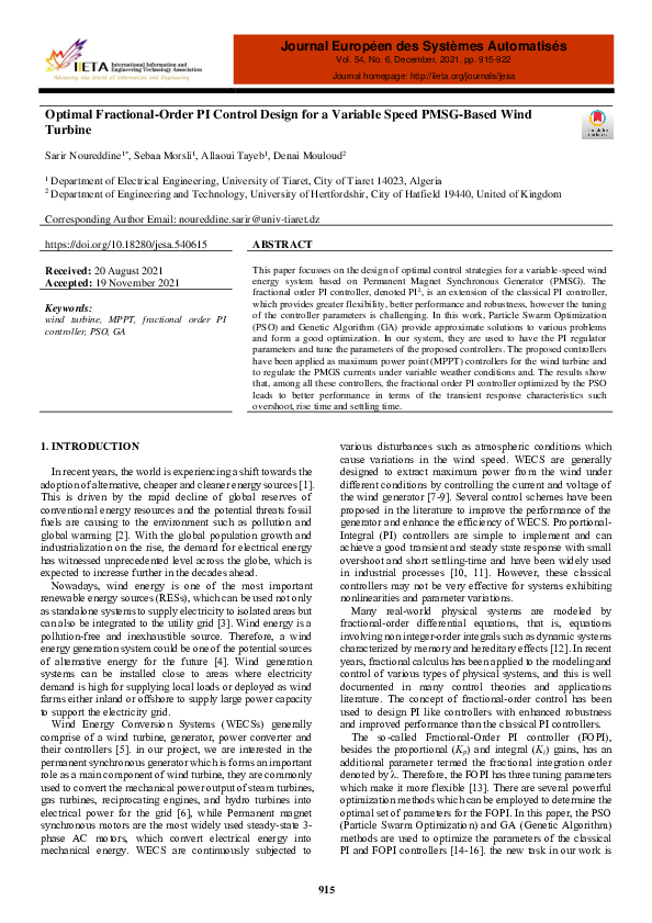 Pdf Optimal Fractional Order Pi Control Design For A Variable Speed