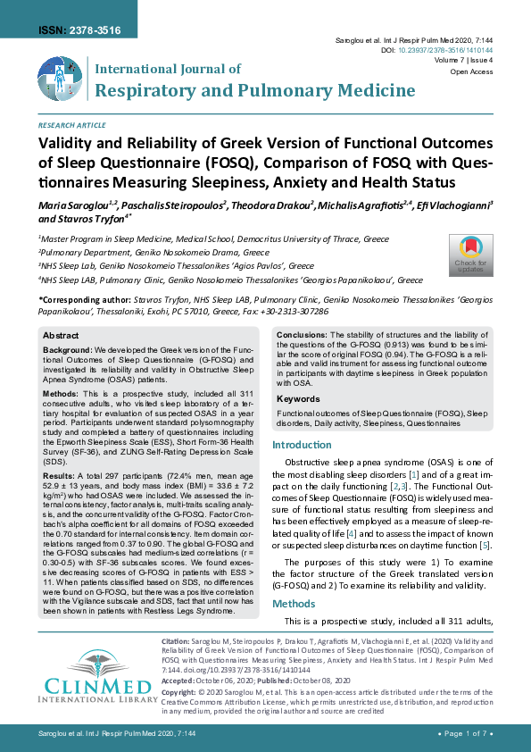 (PDF) Validity and Reliability of Greek Version of Functional Outcomes ...