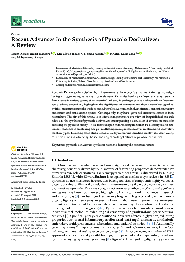 (PDF) Recent Advances in the Synthesis of Pyrazole Derivatives: A Review