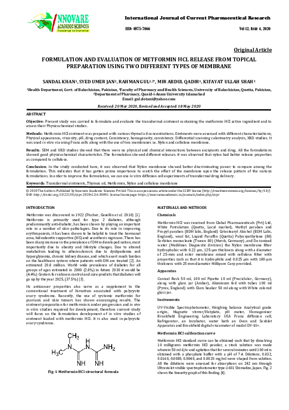 Pdf Formulation And Evaluation Of Metformin Hcl Release From Topical Preparation Using Two