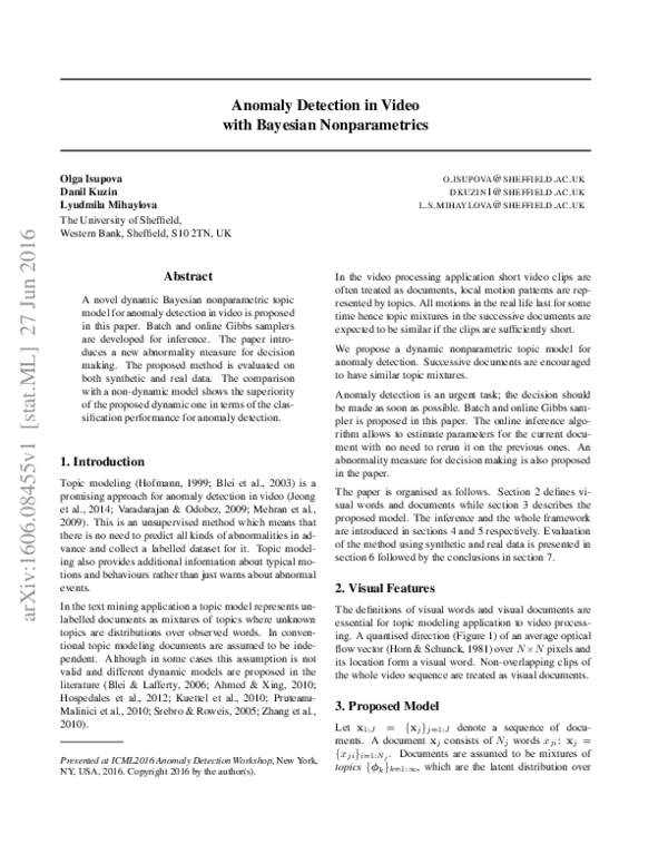Pdf Anomaly Detection In Video With Bayesian Nonparametrics