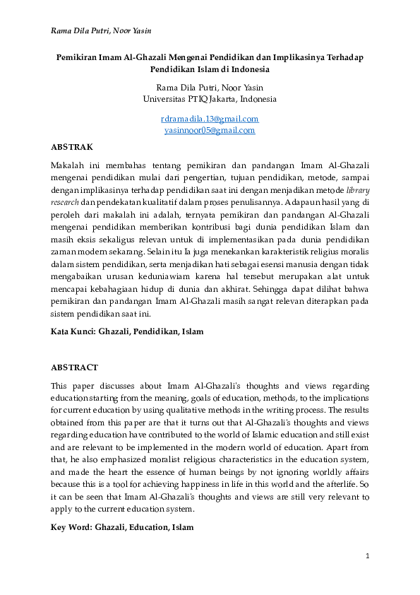(PDF) Pemikiran Imam Al-Ghazali Mengenai Pendidikan dan Implikasinya Terhadap Pendidikan Islam ...