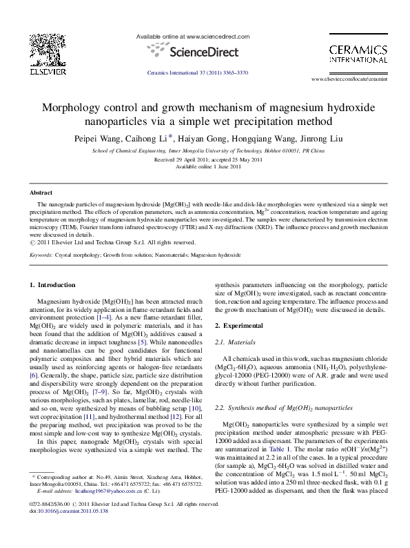 (PDF) Morphology control and growth mechanism of magnesium hydroxide nanoparticles via a simple ...