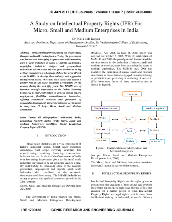 (PDF) A Study on Intellectual Property Rights (IPR) For Micro, Small and Medium Enterprises in India