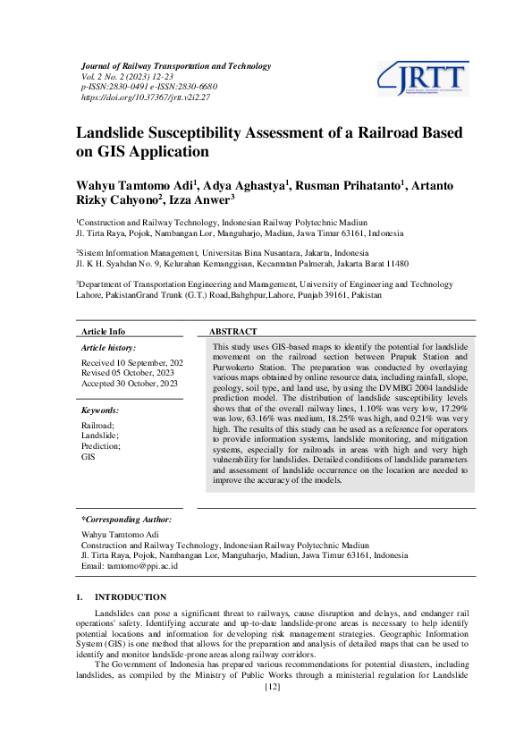 (PDF) Landslide Susceptibility Assessment of a Railway Based on GIS Application