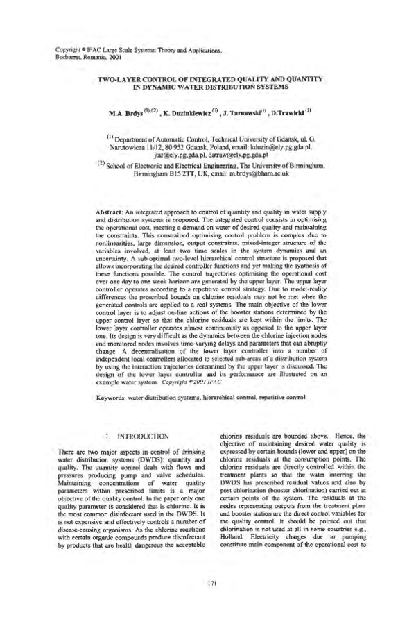 (PDF) Two-Layer Control of Integrated Quality and Quantity in Dynamic Water Distribution Systems