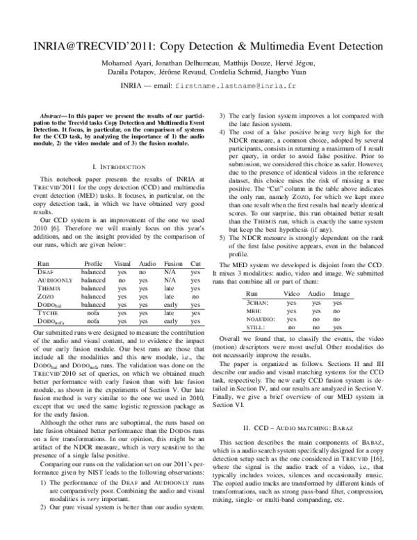(PDF) INRIA@ TRECVID'2011: Copy Detection & Multimedia Event Detection