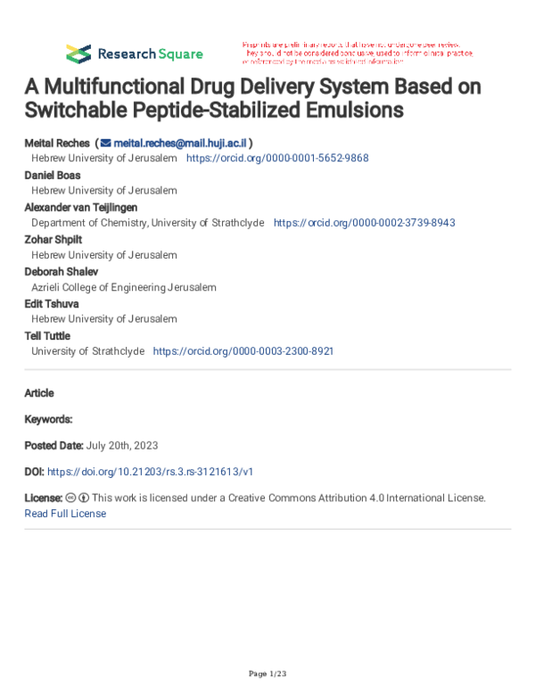 (PDF) A Multifunctional Drug Delivery System Based on Switchable Peptide-Stabilized Emulsions