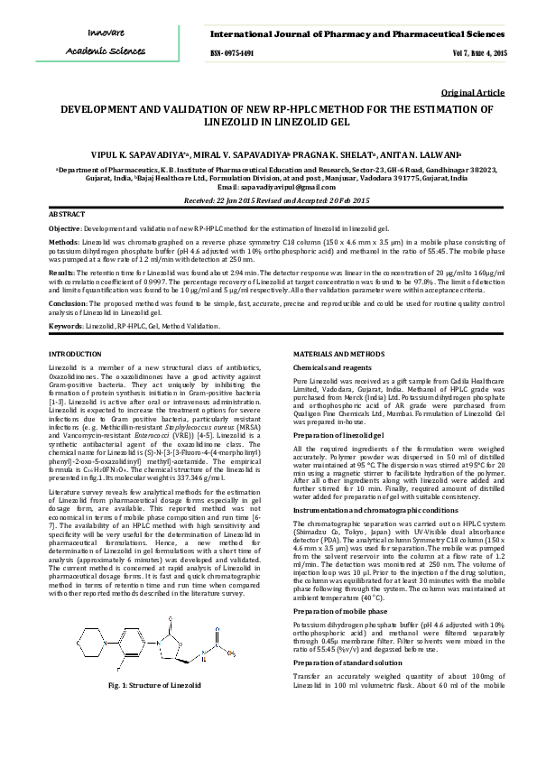 Pdf Development And Validation Of New Rp Hplc Method For The Estimation Of Linezolid In