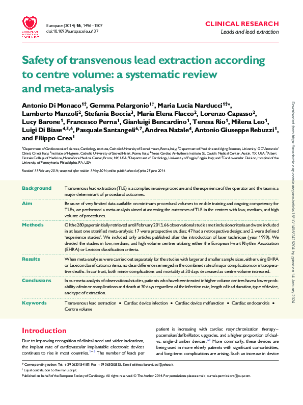 (PDF) Safety of transvenous lead extraction according to centre volume: a systematic review and ...