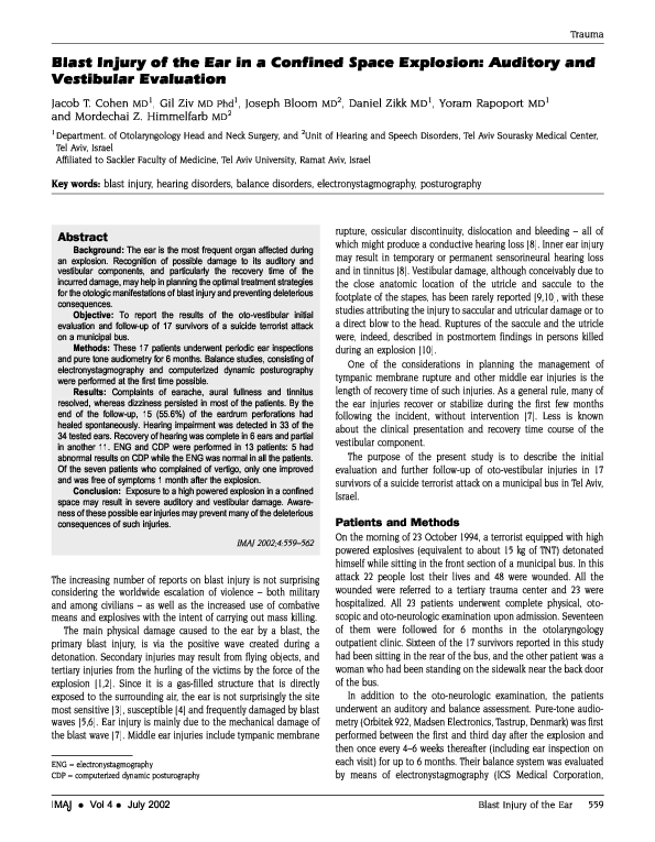 (PDF) Blast injury of the ear in a confined space explosion: auditory ...