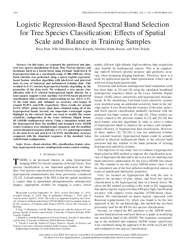 Pdf Logistic Regression Based Spectral Band Selection For Tree