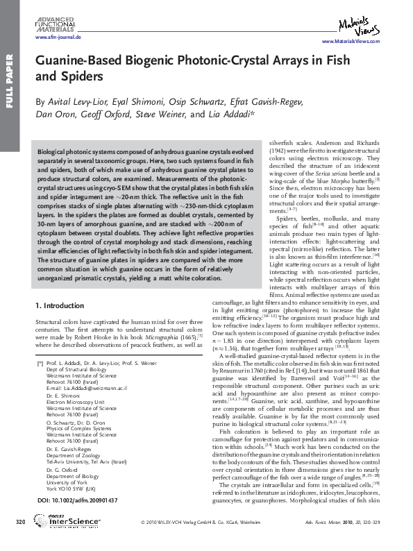 (PDF) Guanine-Based Biogenic Photonic-Crystal Arrays in Fish and Spiders