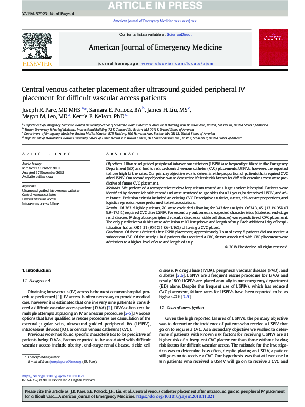(PDF) Central venous catheter placement after ultrasound guided ...