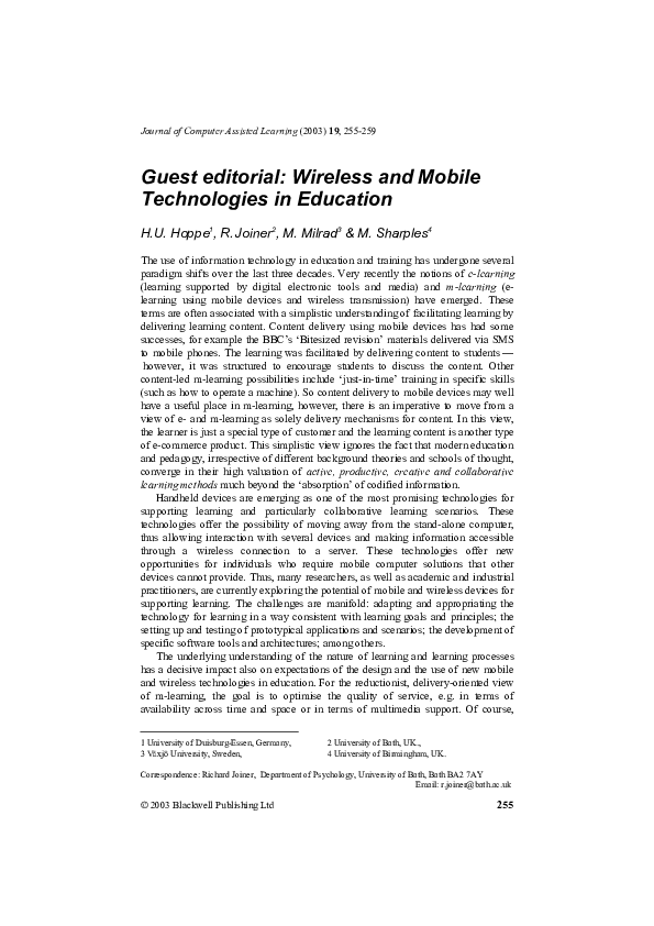 (PDF) Guest editorial: Wireless and Mobile Technologies in Education