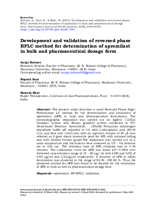 Pdf Development And Validation Of Reversed Phase Hplc Method For Determination Of Apremilast
