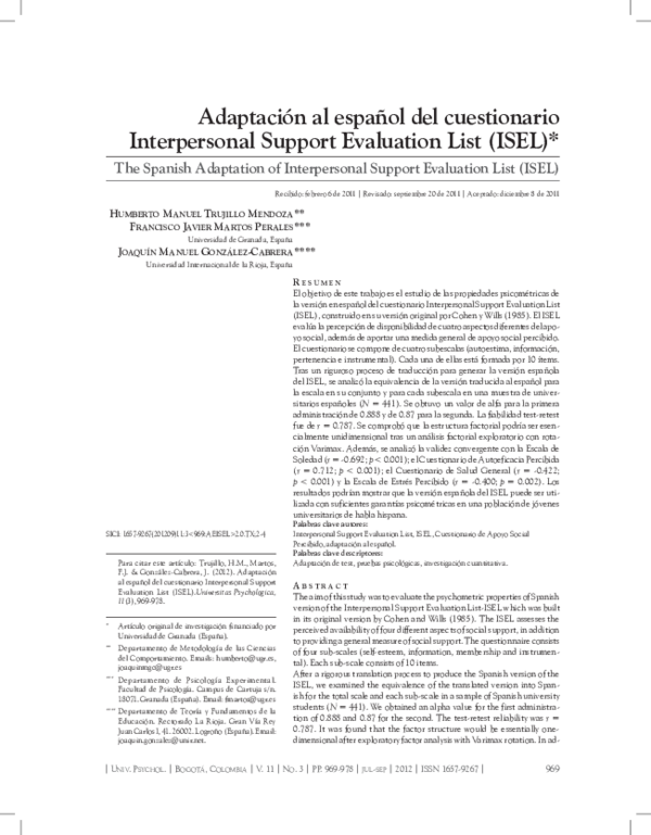 (PDF) Adaptación al español del cuestionario Interpersonal Support Evaluation List (ISEL)