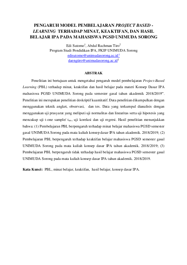 (PDF) Pengaruh Model Pembelajaran Project Based - Learning Terhadap Minat, Keaktifan, Dan Hasil ...