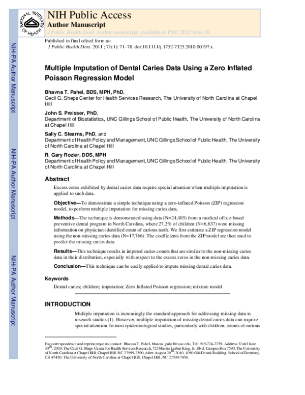 (PDF) Multiple imputation of dental caries data using a zero-inflated Poisson regression model
