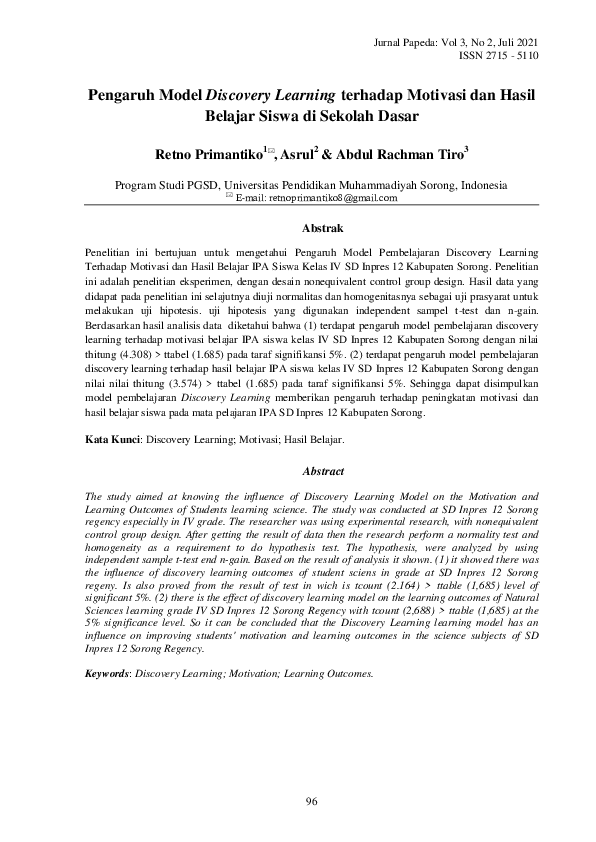 (PDF) Pengaruh Model Discovery Learning terhadap Motivasi dan Hasil Belajar Siswa di Sekolah Dasar