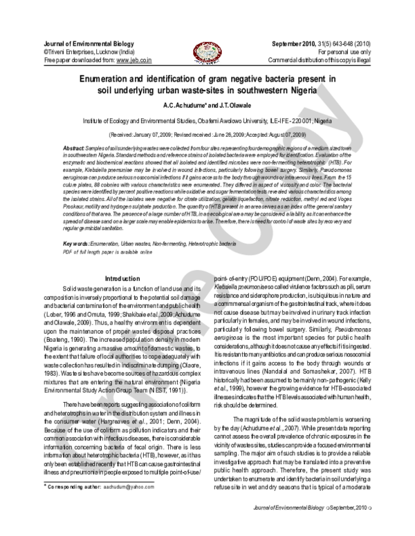 (PDF) Enumeration and identification of gram negative bacteria present ...