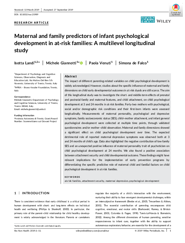 (PDF) Maternal and family predictors of infant psychological ...