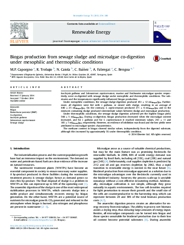 Pdf Biogas Production From Sewage Sludge And Microalgae Co Digestion Under Mesophilic And