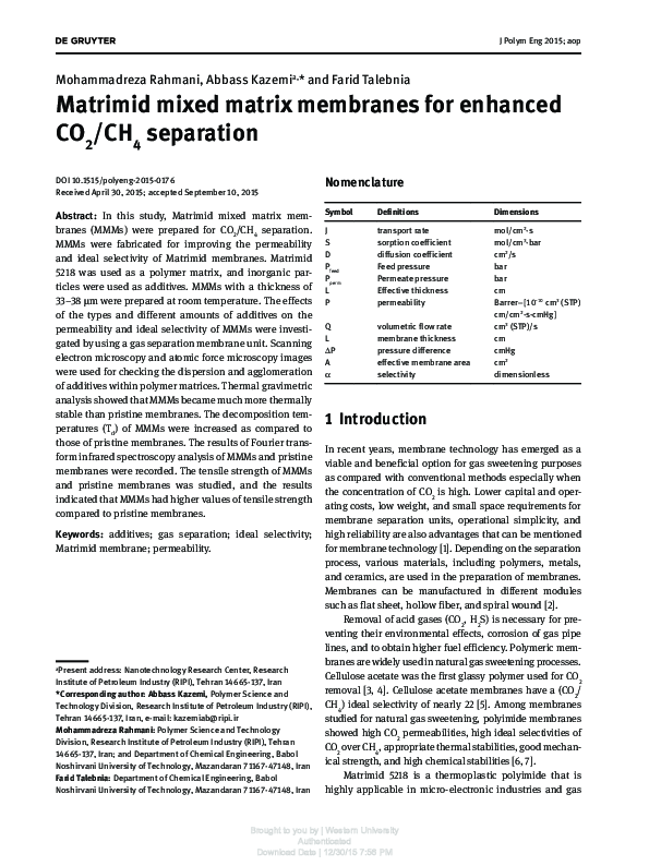 (PDF) Matrimid mixed matrix membranes for enhanced CO2/CH4 separation